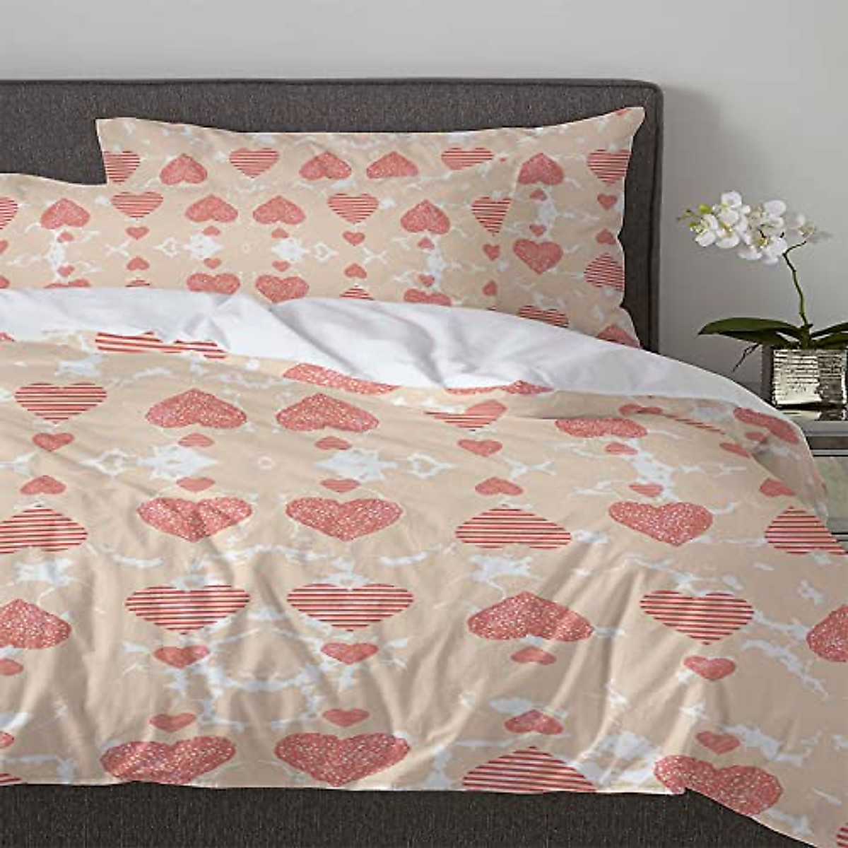 3 Pieces Bedding Set Twin Size, Red Love Heart Soft Durable Duvet Cover Set Comforter Cover Set with Zipper Closure All-Season Breathable Bedding Set Romantic White Geometric Red Striped Beige