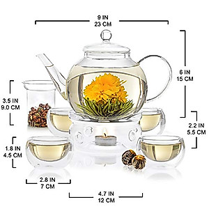 Teabloom Complete Tea Set – Teapot (40 OZ), Loose Tea Infuser, 4 Insulated Glass Teacups, Tea Warmer, and 12 Flowering Teas – Elegant Blooming Tea Gift Set