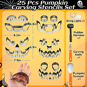 Beeplove Pumpkin Carving Kit - 25 Pcs Safe Pumpkin Carving Stencils with Lights Carving Knive Scooper Hammer, Stainless Steel Carving Tools for Halloween Adults Kids DIY Pumpkins
