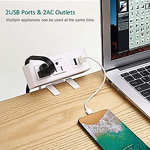 Desktop Edge Power Strip, Removable Clamp Power Outlet Socket with USB Port, 6.5 ft Extension Cord Connect 2 Plugs for Home Office Reading (White)