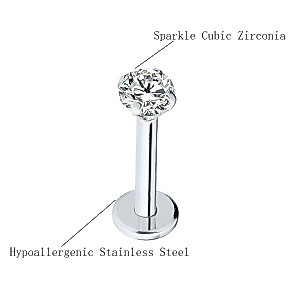 Injoy Jewelry 16G Stainless Steel 2-5mm Round Cubic Zircon Lip Studs Labret Monroe Nose Tragus Helix Ear Piercing Jewelry 6mm Bar Length, 4 Pairs