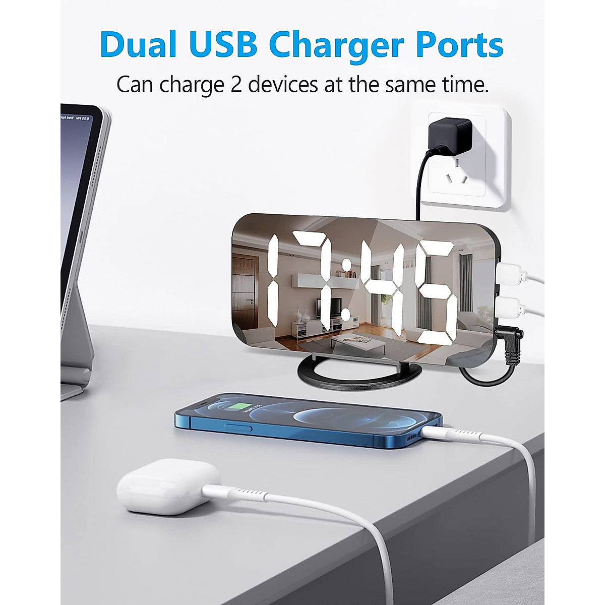 Digital Alarm Clocks,7" LED Mirror Electronic Clock,with 2 USB Charging Ports,Snooze Mode,Auto Adjust Brightness,Modern Desk Wall Clock for Bedroom Living Room Office - Black