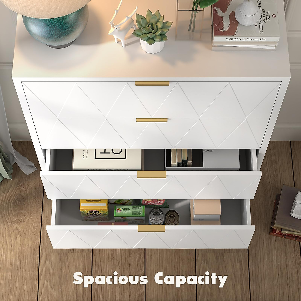 ERGOMORE 4 Drawer Dresser for Bedroom, Wooden Dressers & Chests of Drawers, Large Storage Drawer Cabinet, Modern Design Drawer Dresser for Bedroom, Hallway, Living Room, White