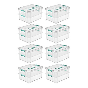 Sterilite Stack and Carry 2 Layer Handle Box, Stackable Plastic Small Storage Container with Latching Lid, Bin to Organize Crafts, Clear, 8-Pack