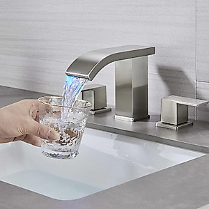 Kyatinsal LED Light Widespread Bathroom Faucets for Sink 3 Hole Waterfall -Bathroom Faucet with Pop-up Drain Assembly, 8 Inch Bathroom Sink Faucet 2-Handles,Modern Lavatory Vanity Faucet