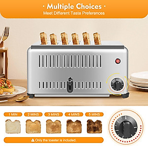 6 Slice Toaster with 5 Bread Shade Settings, Commercial Bread Baking Machine 1.1in Wide Slot, 1680W, 201 Stainless Steel, for Various Bread Types
