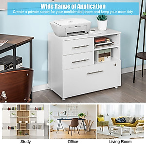 Giantex 3-Drawer Lateral File Cabinet - Under Desk Printer Stand with Storage Shelves, Hanging Bar for Legal/Letter Size Files, Lockable Filing Cabinet for Home Office Organization (White)
