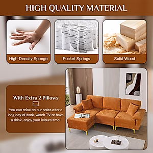 OUYESSIR L Shaped Sectional Sofa Couch, 88" Upholstered Velvet 3 Seat Sofa with Ottoman and Pillows, Comfy Couch Sleeper for Living Room, Bedroom (Orange)