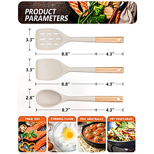 Pack of 3 Silicone Spatula, Non Stick Cooking Utensil Set Wooden Handle Kitchen Turner for Baking Mixing Grilling Serving Food Heat Resistant Non Scratch Hooks Included,Khaki