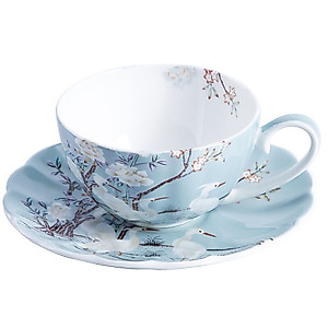 ufengke 8oz Blue Fine Bone China Coffee Cup with Saucer, White Flowers, White Crane Porcelain Tea Cup and Saucer