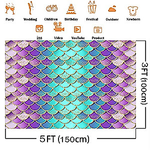 Avezano Mermaid Birthday Backdrop 5x3ft Glitter Mermaid Scales Backdrops Kids Birthday Party Decor Girls Princess Baby Shower Photo Background Purple Aqua Green Shell Backdrop