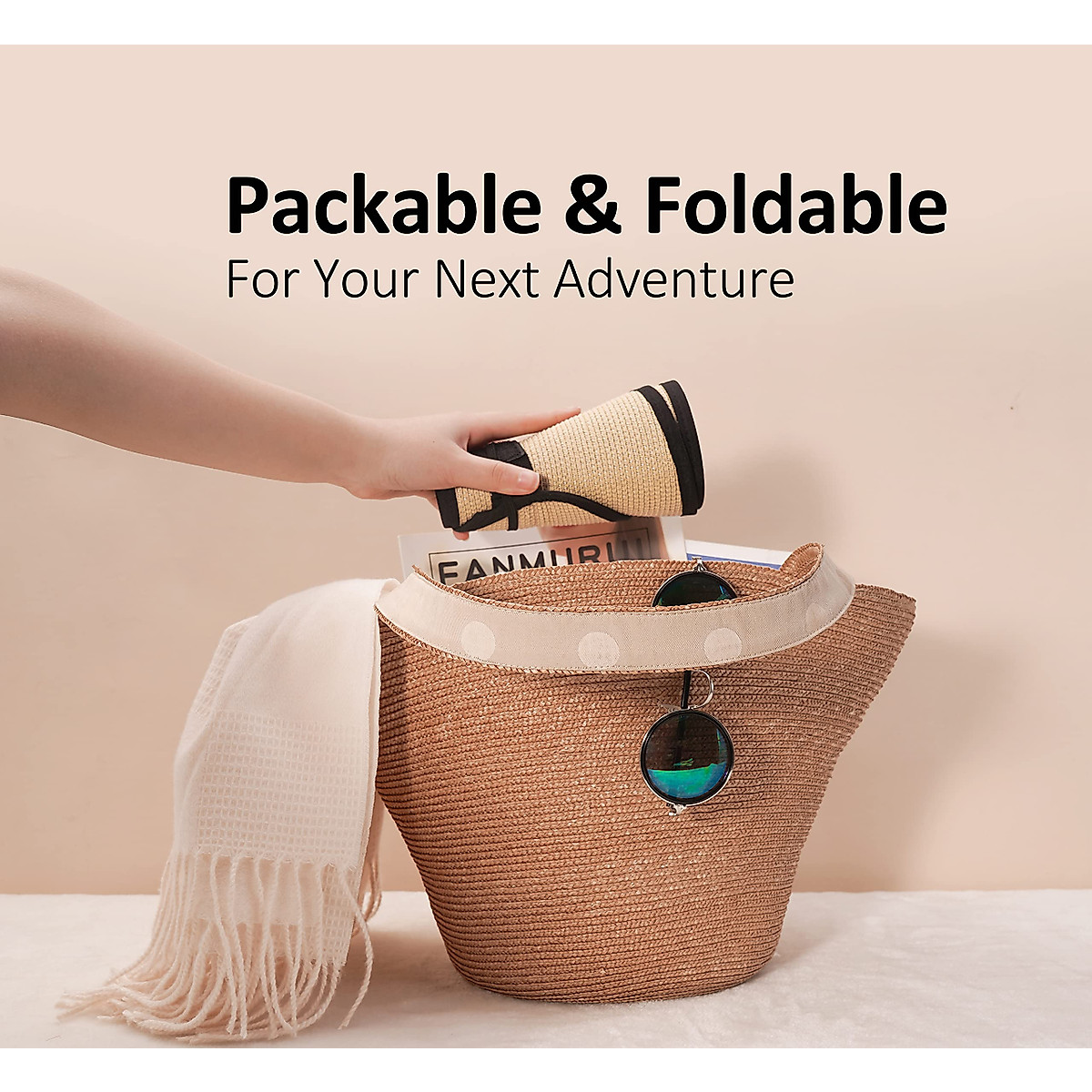 Joywant Sun Visor Hats for Women, Women's Summer Ponytail Foldable Straw Beach Hat with UPF 50+ Beige