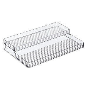 mDesign Plastic Kitchen Food Storage Organizer 2-Tiered Shelves, Spice Holder Rack Steps for Cabinet, Cupboard, Counter, Pantry - Holds Seasoning, Canned Food, Condiments - Ligne Collection - Clear