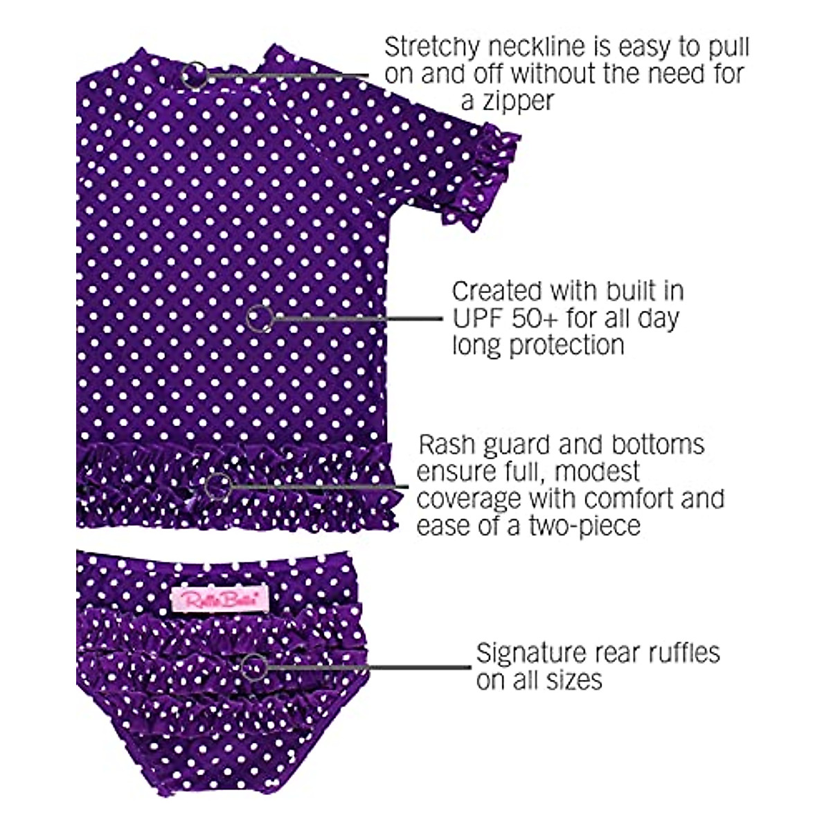RuffleButts® Girls Rash Guard 2-Piece Swimsuit Set - Purple Polka Dot Bikini with UPF 50+ Sun Protection - 4T