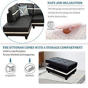 Caberryne Sectional Couch for Living Room Furniture Set Black,Sectional Sofa Set L Shape Sofa and Chaise with Storage Ottoman for Living Room/Apartment（Black,Facing Left Chaise）