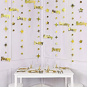 Gold Happy Birthday Decorations Happy Birthday Circle Dot Twinkle Star Garland Metallic Hanging Streamer Bunting Banner Backdrop for 1st 13th 16th 21st 30th 40th 50th 60th Birthday Party Supplies