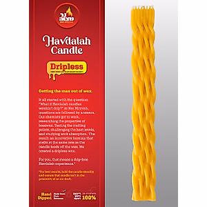 Ner Mitzvah Havdalah Candle DRIPLESS Braided Beeswax - Non-Drip - 12" Drip-Free Hand Dipped Bees Wax Braided Multi Wick Candle