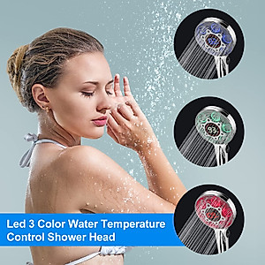 LED Shower Head with Handheld, Color Changing, Shower Head High Pressure with Water Temperature Display, Water Saving Spray Showerheads with 59" Hose and Shower Bracket for Low Water Pressure, Chrome