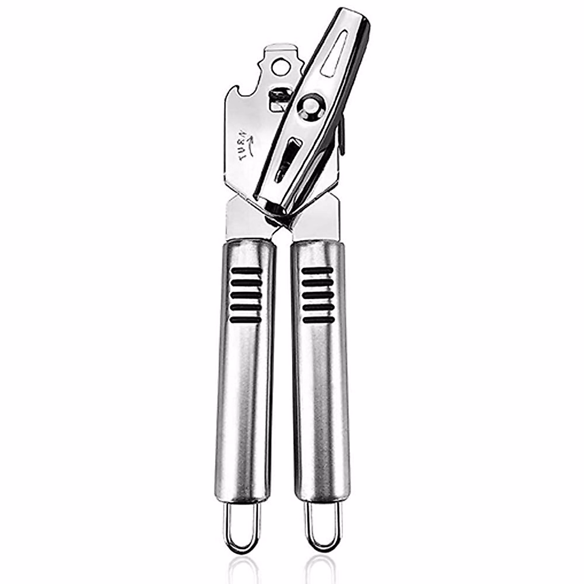 Stainless Steel Can Opener Manual Food-safe Good Grips with Built-in Bottle Opener Smooth Edge Stainless Steel Sharp Blade Safe Cover for Beer/Tin/Bottle, Food Grade-Silver