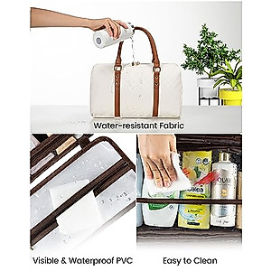 LOVEVOOK Travel Toiletry Bag for Women, Bathroom Toiletry Organizer with Hanging Hook, Large Makeup Case with Detachable Pocket, Perfect Cosmetic Traveling Essential for Full Sized, Beige-Brown