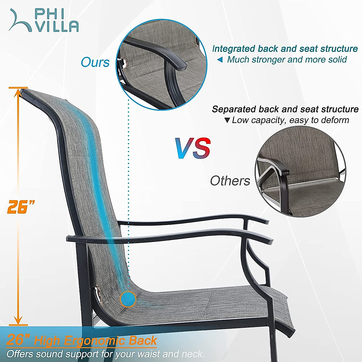 PHI VILLA 7 PCS Patio Dining Set, Outdoor Table Chair Set with Large Metal Table, 6 High Back Patio Chairs Include 4 Fixed and 2 Swivel Chair, Patio Furniture Dining Set for Patio Lawn Garden