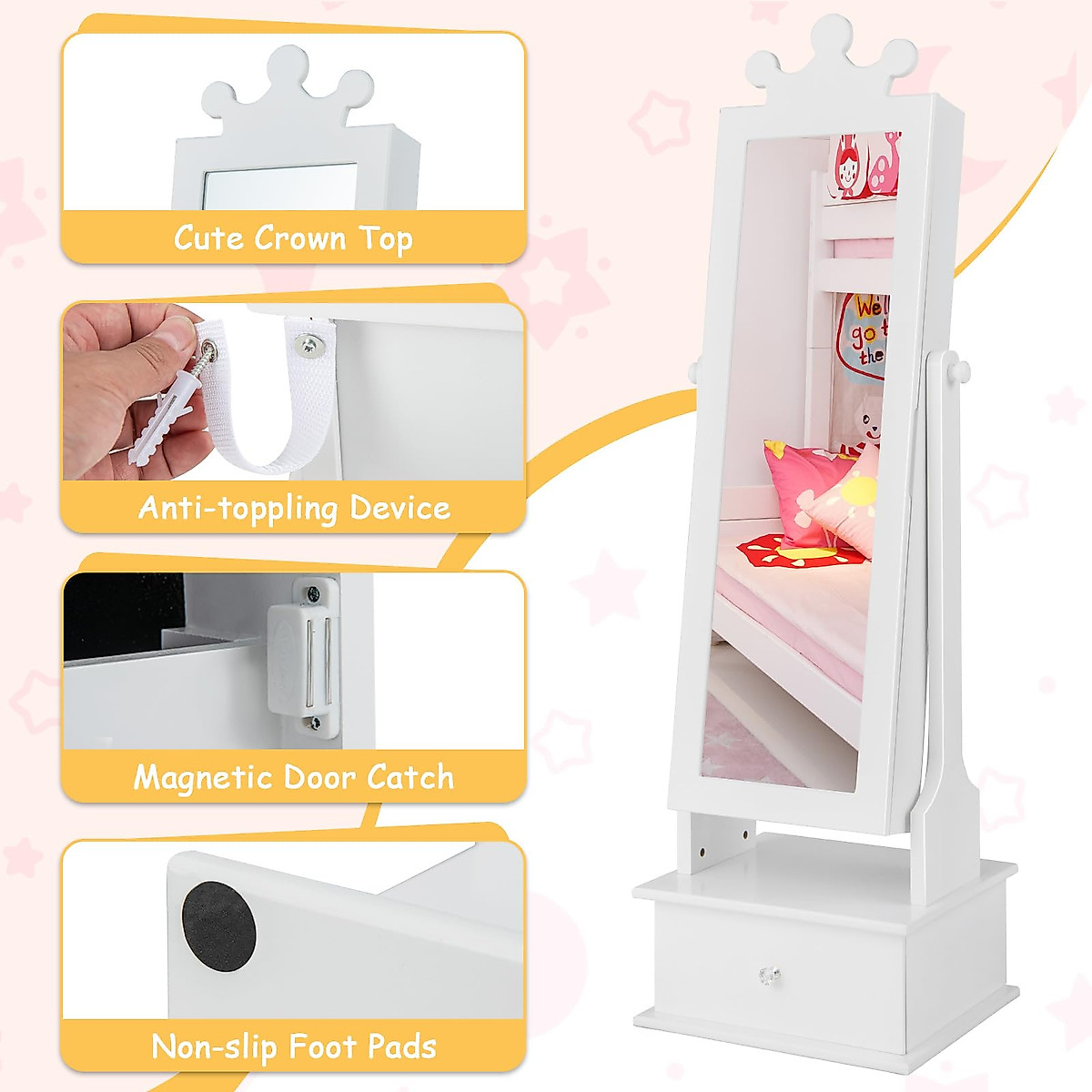 HONEY JOY Kids Jewelry Armoire Cabinet, 2-Angle Tilting Wooden Standing Jewelry Organizer with Full-length Mirror and Storage Drawers, Children Dress Up Jewelry Cabinet for Little Girls (White)