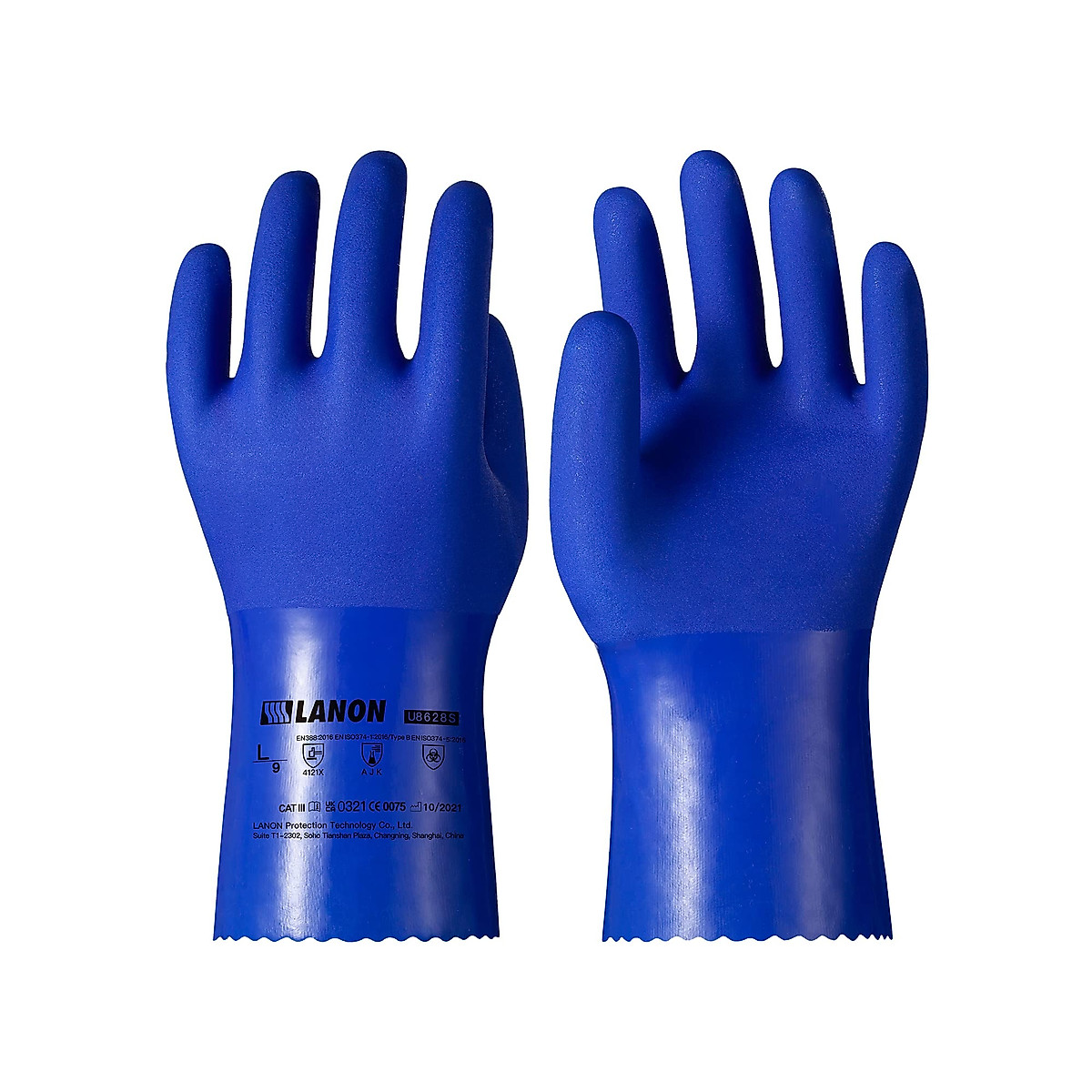 LANON PVC Chemical Resistant Gloves, Heavy-Duty Rubber Gloves, Acid, Alkali and Oil Protection, Non-Slip, Blue, Large