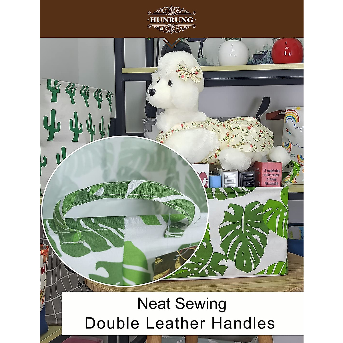 HUNRUNG Rectangle Storage Basket Cute Canvas Organizer Bin for Pet/Children Toys, Books, Clothes Perfect for Rooms/Playroom(Leaf)