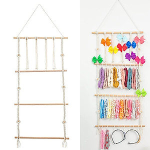 Hair Clip Organizer Holder for Girls Room Boho Macrame Bow Holder Baby & Toddler Girls Room Decor Wall Hanging Ring Necklace Earring Organizer for Women (Clip Organizer A)