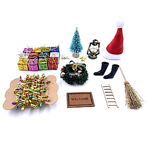 HKLMRO 22Pcs Doll House Christmas Decoration Fake Light String Hat Wreath Mini Tree Gift Boxes Dollhouse 1:12 Toyhouse Miniature Model Pretend DIY Fairy Figurines Garden Hanging Ornaments Party