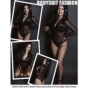 Avidlove Women's Sexy Mesh Long Sleeve Bodysuit Tops Sheer See Through Zipper Leotard Clubwear with Snap Crotch Black L