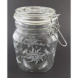 IncisoArt Hand Etched Glass Jar Airtight Canister Sandblasted (Sand Carved) Handmade Engraved Locking Wire Clamp Lid (Sun Moon Stars Planets, 38 Ounce)