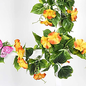 MARTINE MALL Morning Glory Flower Vine 15Feet Artificial Flower Vines Morning Glory Hanging Plant Fake Hanging Vine Flowers Hanging Plants Silk Garland for Wall Stairway Home Decor Yellow, 2 Pcs