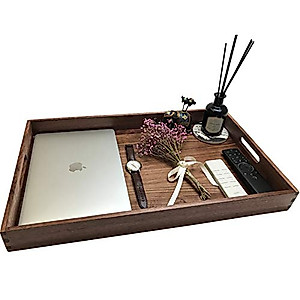 MAGIGO 22 x 14 Inches Large Rectangle Black Walnut Wood Ottoman Tray with Handles, Serve Tea, Coffee, Classic Wooden Decorative Serving Tray