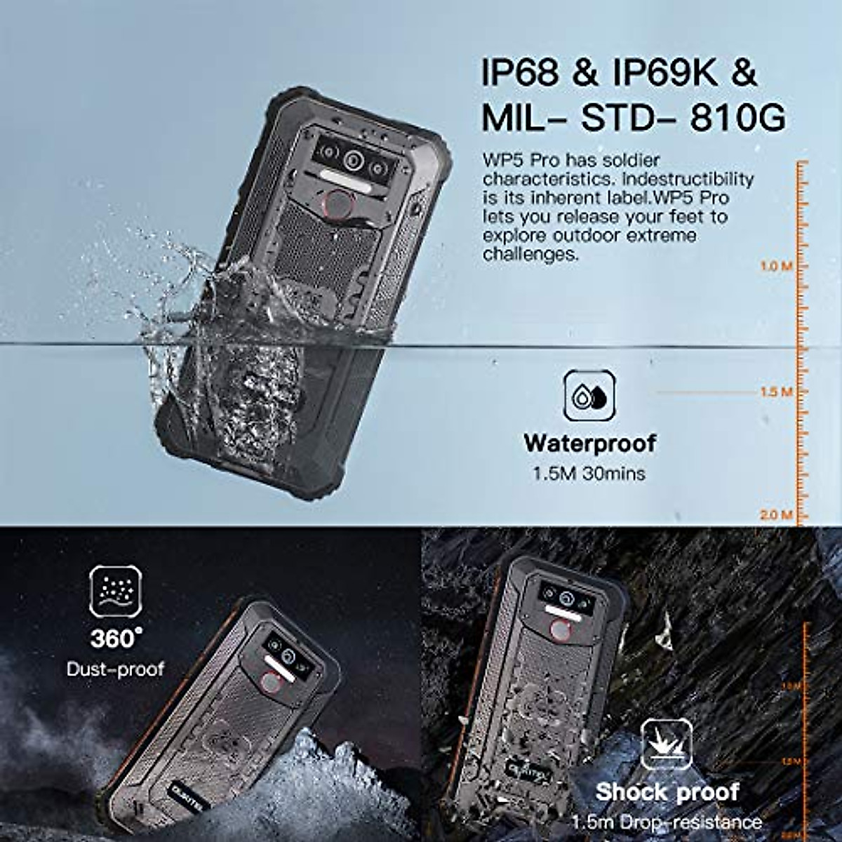 Rugged Cell Phone Unlocked OUKITEL WP5 Pro, 8000mAh Battery, 4GB+64GB ROM, Android 10 Rugged Smartphone, 5.5 Inch IP68 Waterproof Shockproof Phone with 4 LED Flashlights, Triple Camera, Dual SIM 4G