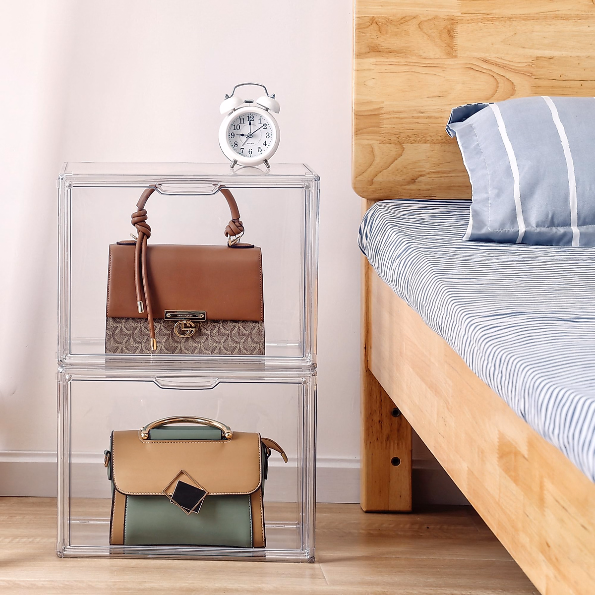 ZLLZUU Purse Organizer for Closet, 5 Pack Clear Acrylic Display Case for purse handbag Organizer, Stackable Purse Storage boxes with magnetic door for Collectibles, Wallet, Cosmetic