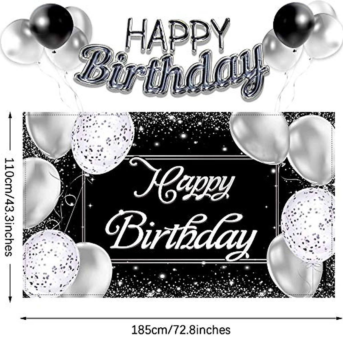 Happy Birthday Backdrop Banner Black and Silver Photography Background Happy Birthday Banner Large Birthday Party Sign Poster Photography Backdrop Party Decoration Supplies for Men and Women