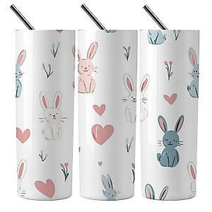 Tumbler with Lid and Straw Cartoon Love Rabbit Thermos Coffee Travel Mug Cute Cups 20 oz Insulated Tumbler for Daily Holiday Decor Gift Coffee Cup