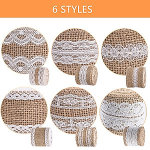Livder 6 Rolls 2 Inch Width Natural Jute Burlap Ribbon with White Lace for DIY Home Decoration, Wedding Party and Gift Packaging