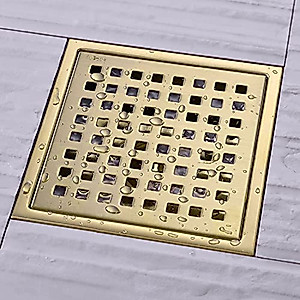 TRUSTMI 6 Inch Square Shower Floor Drain with Removable Grid Grate Cover, SUS 304 Stainless Steel,Brushed Gold