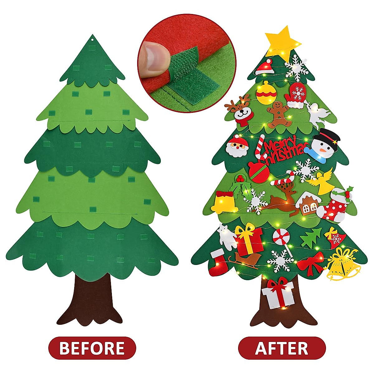 WooEver DIY Felt Christmas Tree Set 3.5ft, Xmas Decorations Wall Hanging 33 Detachable Ornaments with String Light Kids Gifts New Year Party Supplies (Batteri Not Included)