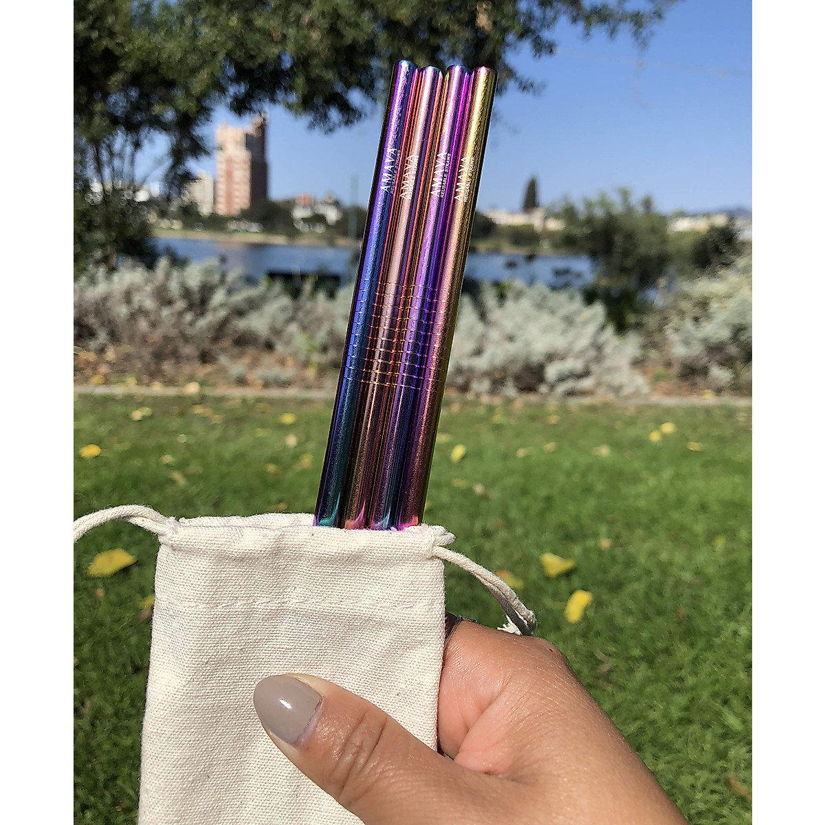 Reusable Straws Set, Stainless Steel Metal, Colorful, Includes 8 Straws, 4 Silicone Tips, 2 Cleaning Brushes, and 2 Travel Pouches, Draw String Bag and Wrap Bag for Hot & Cold Drinks