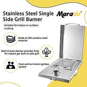 Marada Drop-In Single Side Grill Burner Natural Gas 304 Food Grade Stainless Steel Built-In Single Side Burner for Outdoor Grill 12,000 BTU Air inlet thread 5/8"-18UNF