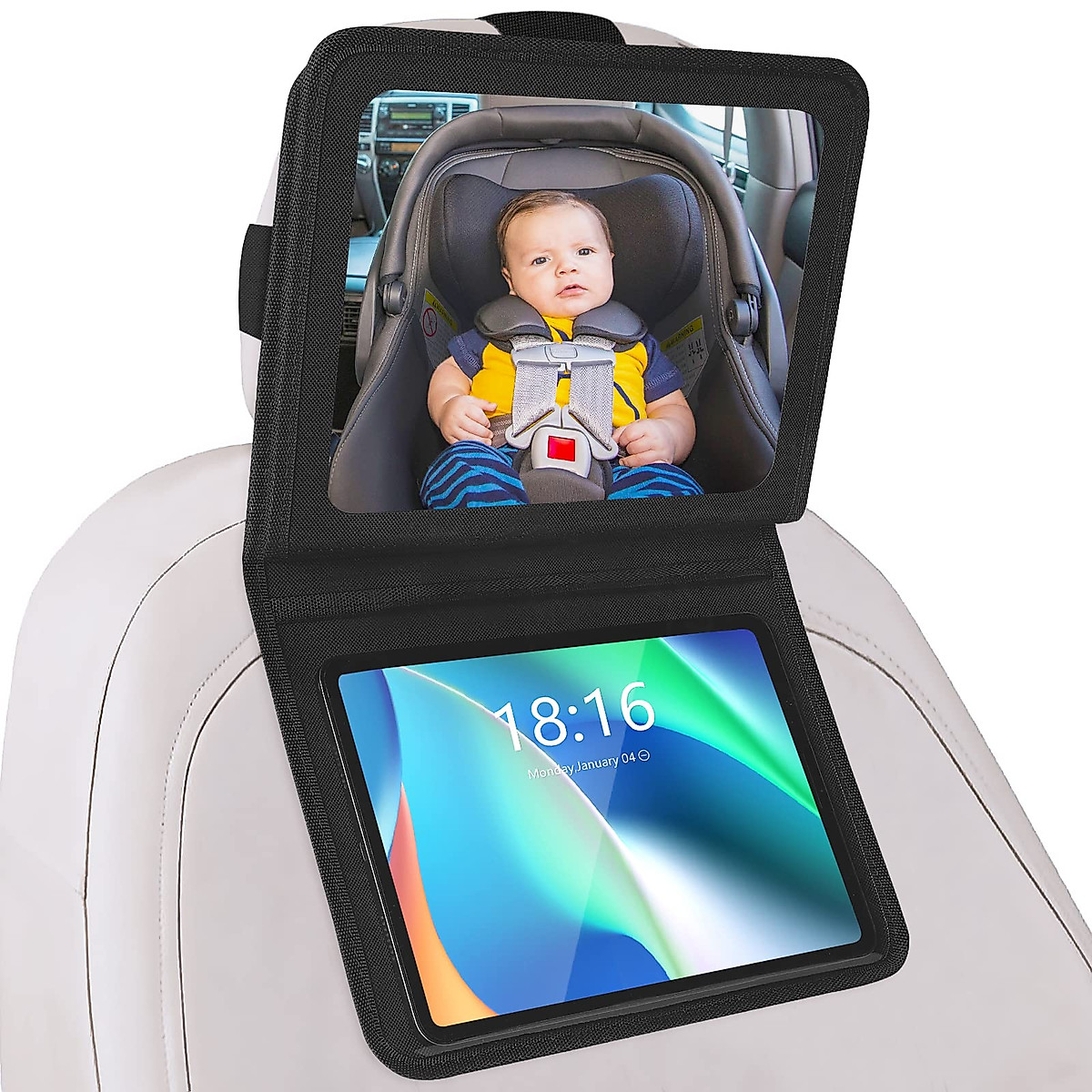 Brislut Baby Car Mirror with Tablet Holder, Road Trip Essentials for Kids, Back Seat Mirror to See Rear Facing Infant, Adjustable Backseat Mirror and Ipad Case for Car Headrest