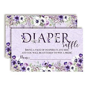 Watercolor Violet Floral Diaper Raffle Tickets for Baby Showers, 20 2" X 3” Double Sided Insert Cards for Games by AmandaCreation, Bring a Pack of Diapers to Win Favors & Prizes!