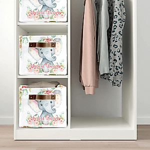 Elephant and Flower Personalized Storage Bins Basket Cubic Organizer with Durable Handle for Shelves Wardrobe Nursery Toy 2 Pack