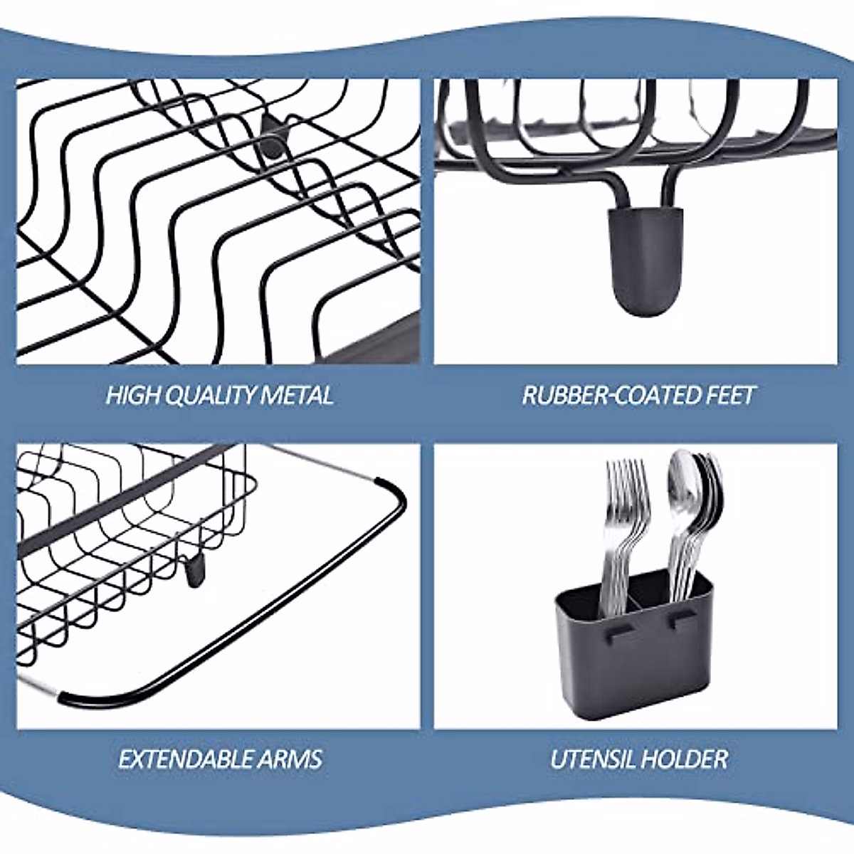TOOLF Expandable Large Dish Rack, Dish Drying Rack Over The Sink, Adjustable Dish Rack in Sink or On Counter Dish Drainer with Utensil Holder Rustproof for Kitchen