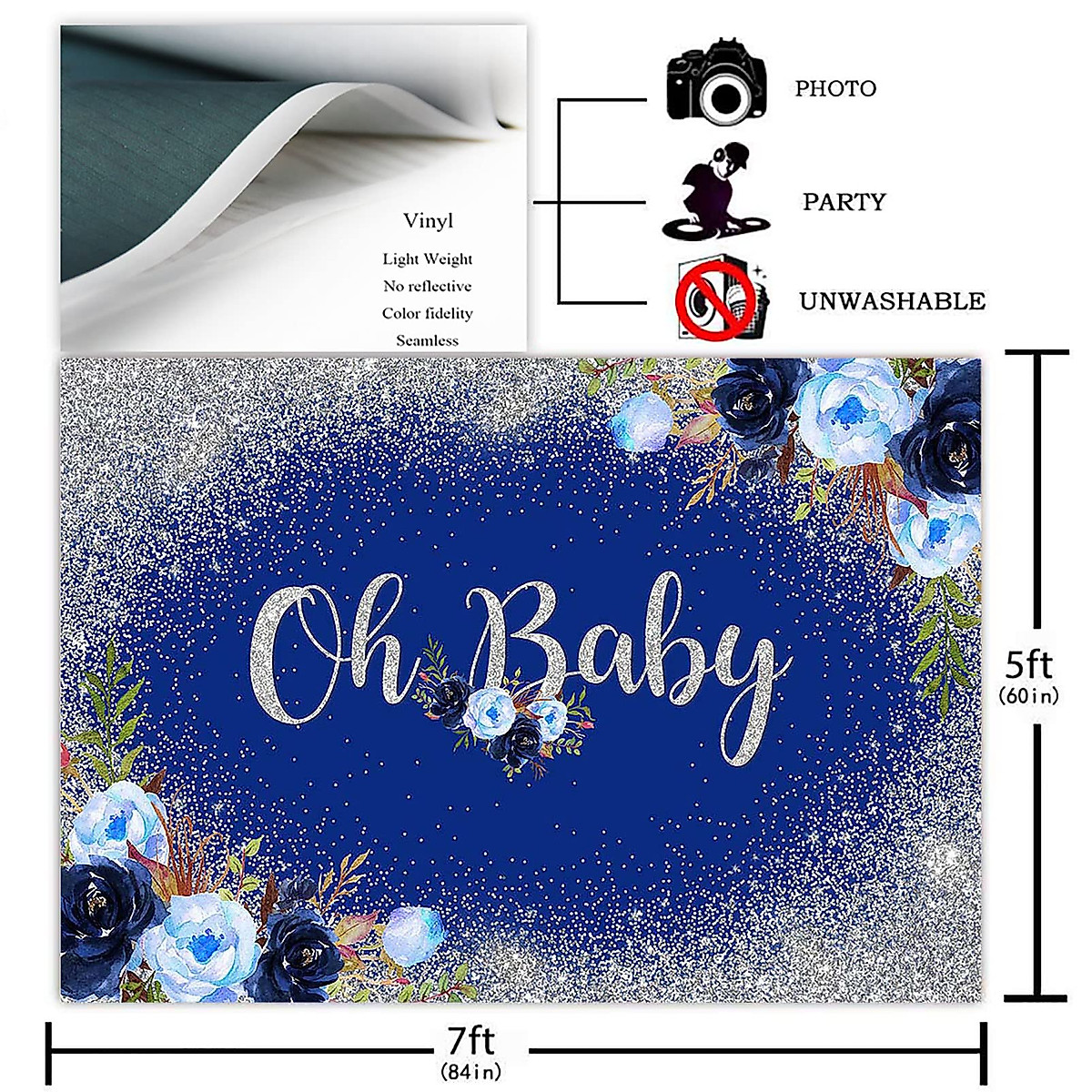 Avezano Navy Blue and Silver Baby Shower Backdrop for Boy Baby Shower Party Decorations Photography Background Glitter Silver Navy Blue Floral Oh Baby Party Decorations Backdrops (7x5ft)