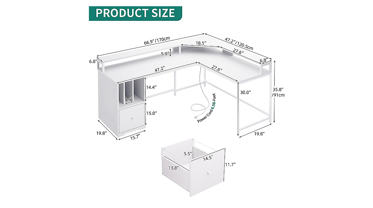 DWVO L Shaped Desk with Drawer & 3 Cubbies Storage Shelves, 67" Corner ...
