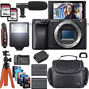 Sony Alpha a6400 Mirrorless Digital Camera 24.2MP 4K (Body Only) + 64GB & 32GB Memory Cards, Sturdy Equipment Carrying Case, Spider Tripod, Camera Flash, Software Kit and More